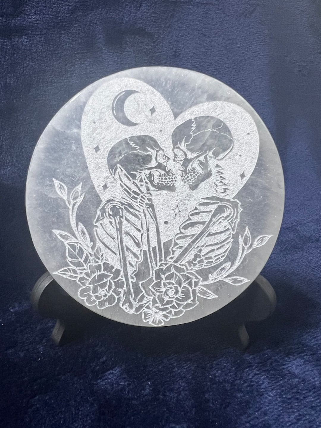 Engraved Large Selenite Disc skull Lovers Pattern Crystal Cleanser ...