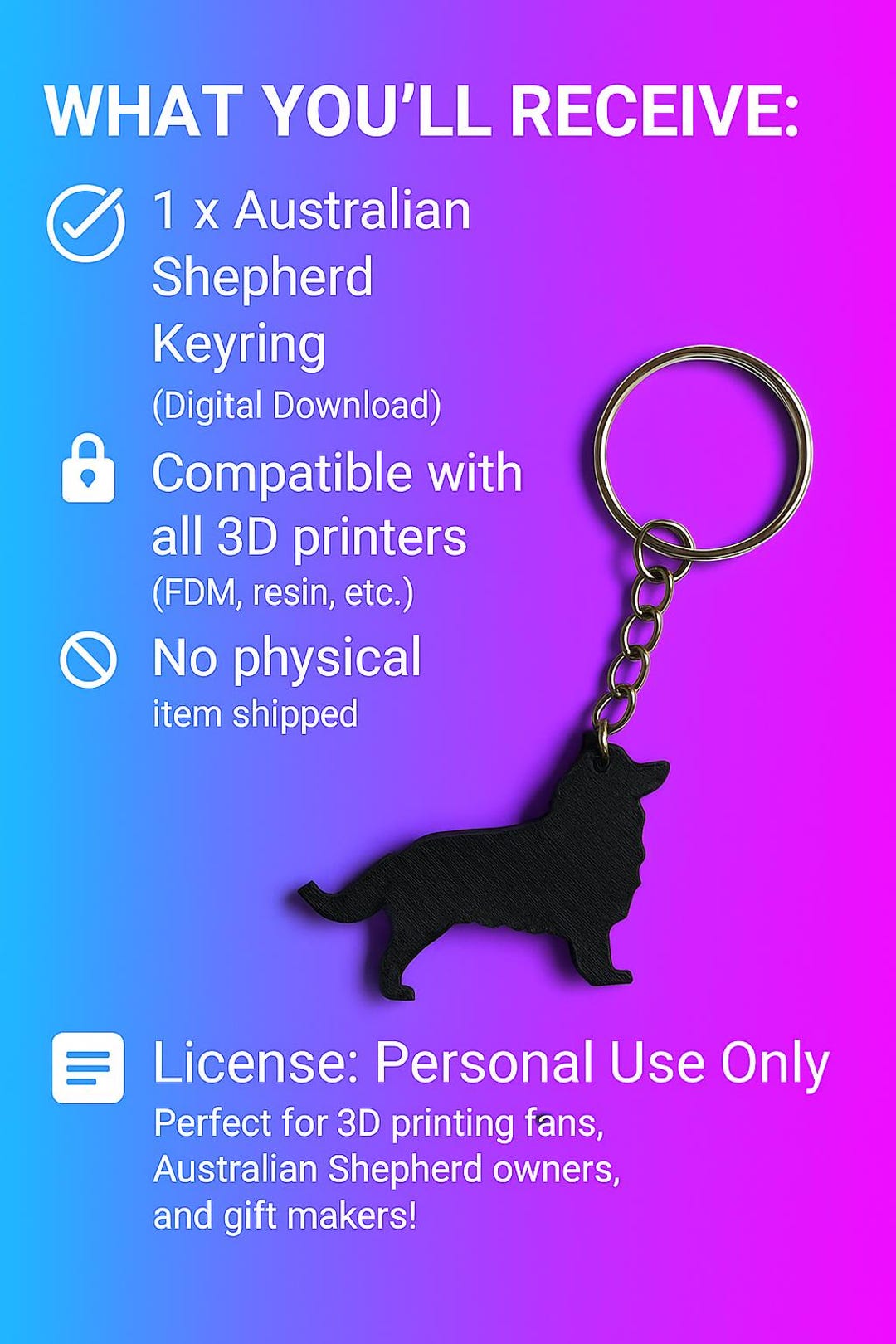Australian Shepherd Dog Keyring STL FILE | Custom Dog Gift for Pet ...