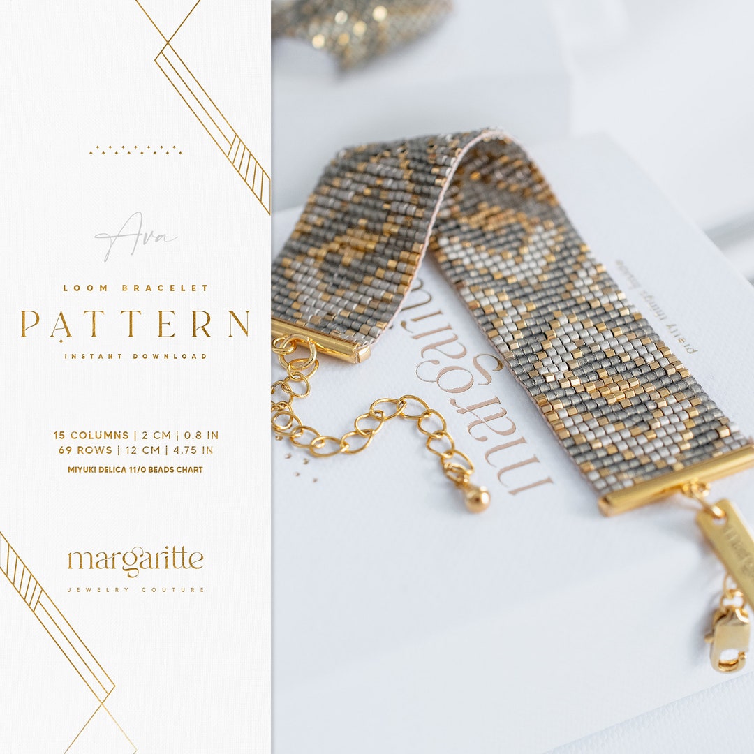 Geometric Loom Bead Pattern, Gold Miyuki Bead Pattern, Miyuki Delica Bracelet Pattern, Square ...
