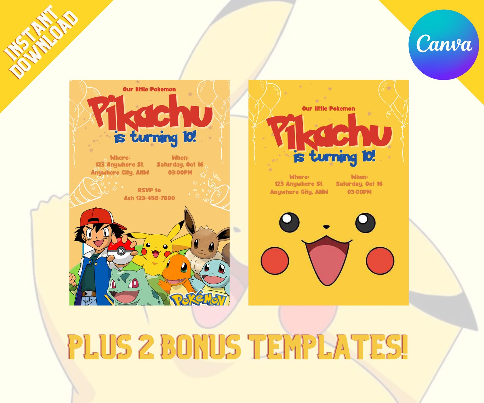 Pikachu Invitation for Pikachu Birthday Party Invite for Pokemon Party ...