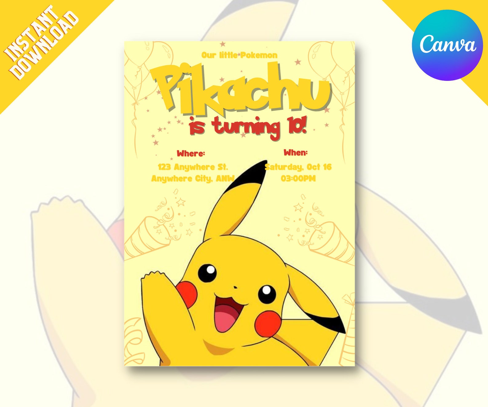 Pikachu Invitation for Pikachu Birthday Party Invite for Pokemon Party ...