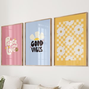 Set of Three Peace Love Daisies Pop Art Poster, Retro Print Digital ...