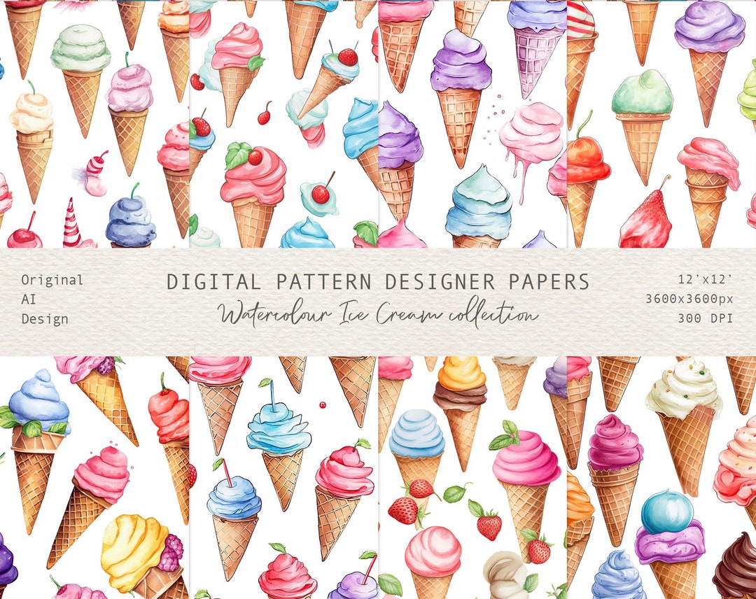Watercolour Ice Cream Digital Paper, Watercolour Seamless Pattern ...