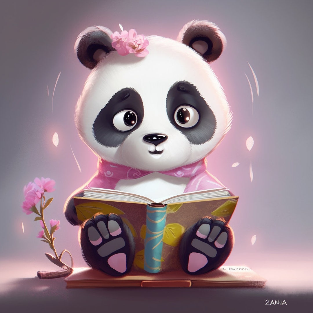 Cute Baby Panda Character AI Art, Panda Reading a Book Printable Wall ...