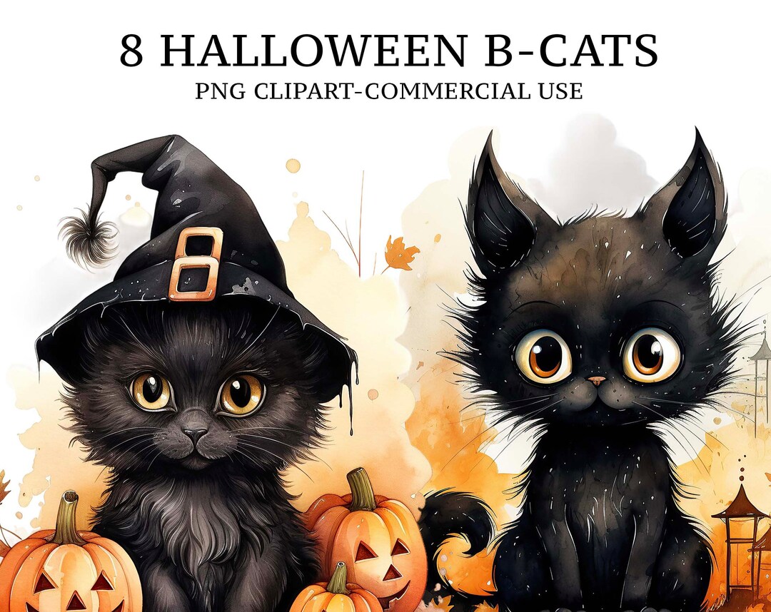 Halloween Watercolor Black Cats Clipart, Pumpkin Magic Cats Clipart PNG ...