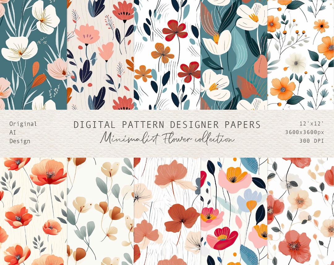 Minimalist Flowers Digital Paper, Minimal Floral Seamless Pattern ...