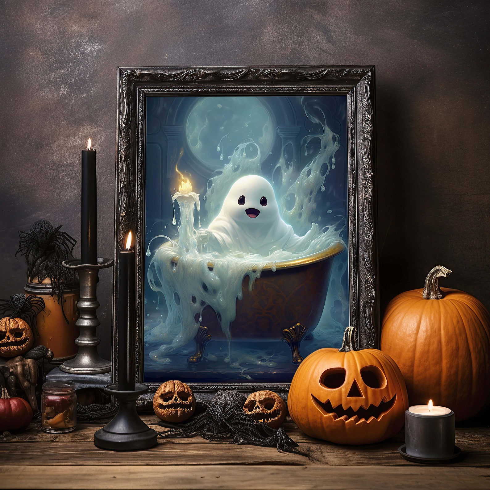 Printable Cute Halloween Ghost Casper in a Bathtub Fantasy Art Print ...