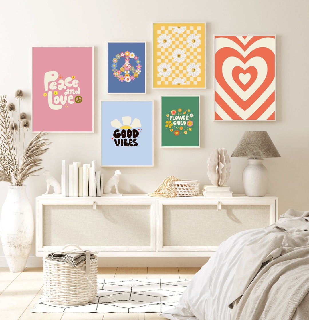 Set of 6 Peace Love Daisies Pop Art Poster, Retro Print Digital ...
