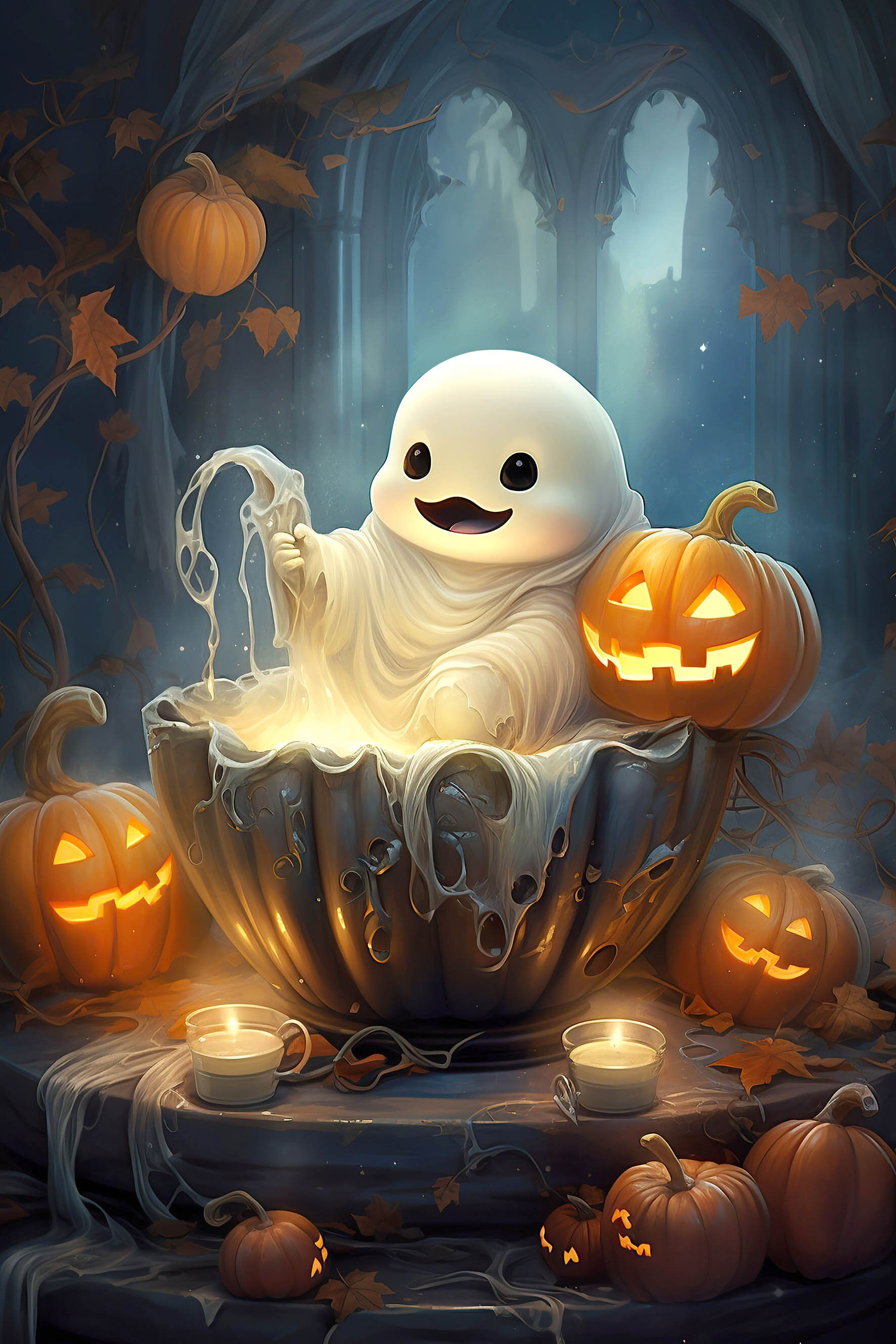 Cute Printable Halloween Ghost in a Bathtub With Pumpkins Fantasy Art Print, Darkarts Poster ...