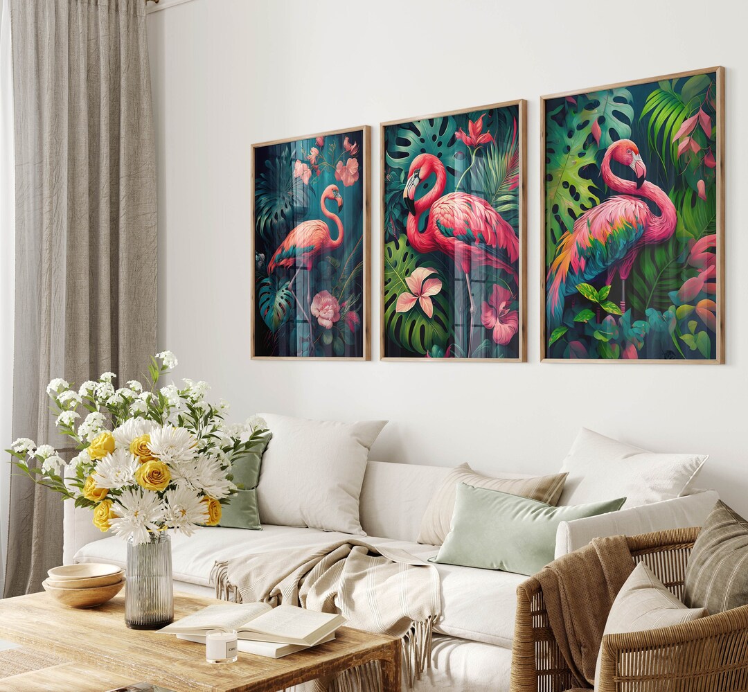 Set of 3 Beach Tropical Floral Pink Flamingos Jungle Art, Monstera ...
