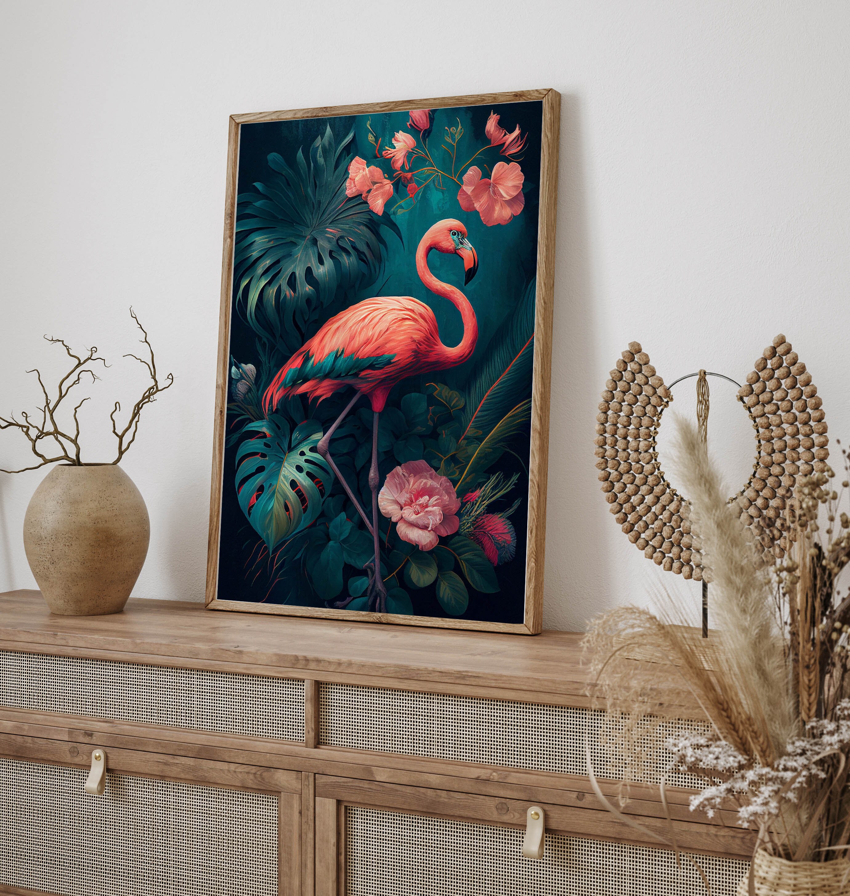 Set of 3 Beach Tropical Floral Pink Flamingos Jungle Art, Monstera ...