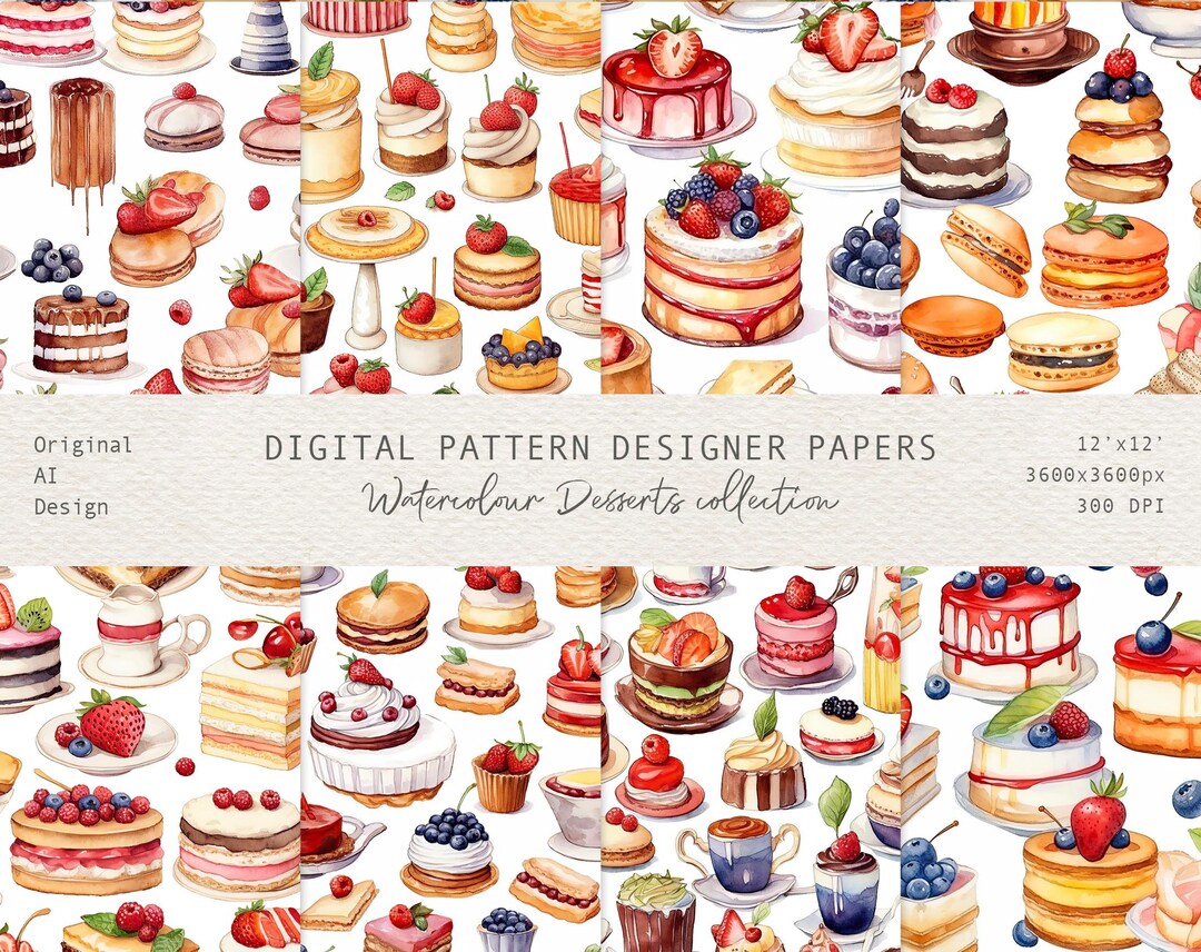 Watercolour Desserts Digital Paper, Watercolour Seamless Pattern Papers ...