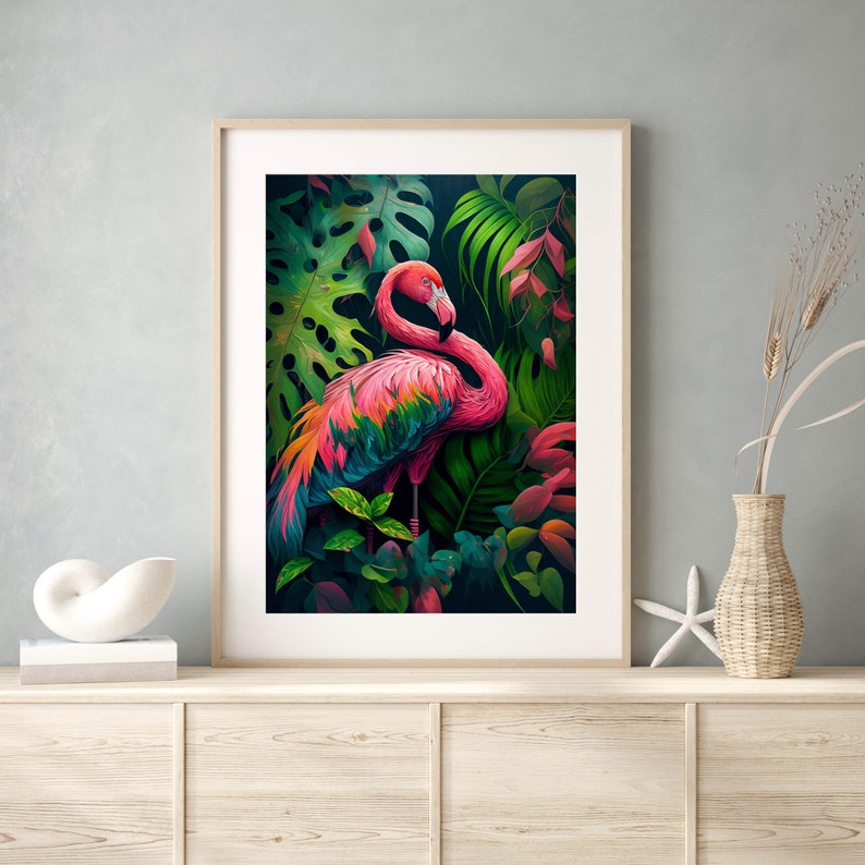 Jungle Art Beach Tropical Floral Pink Flamingo, Monstera Leaves ...