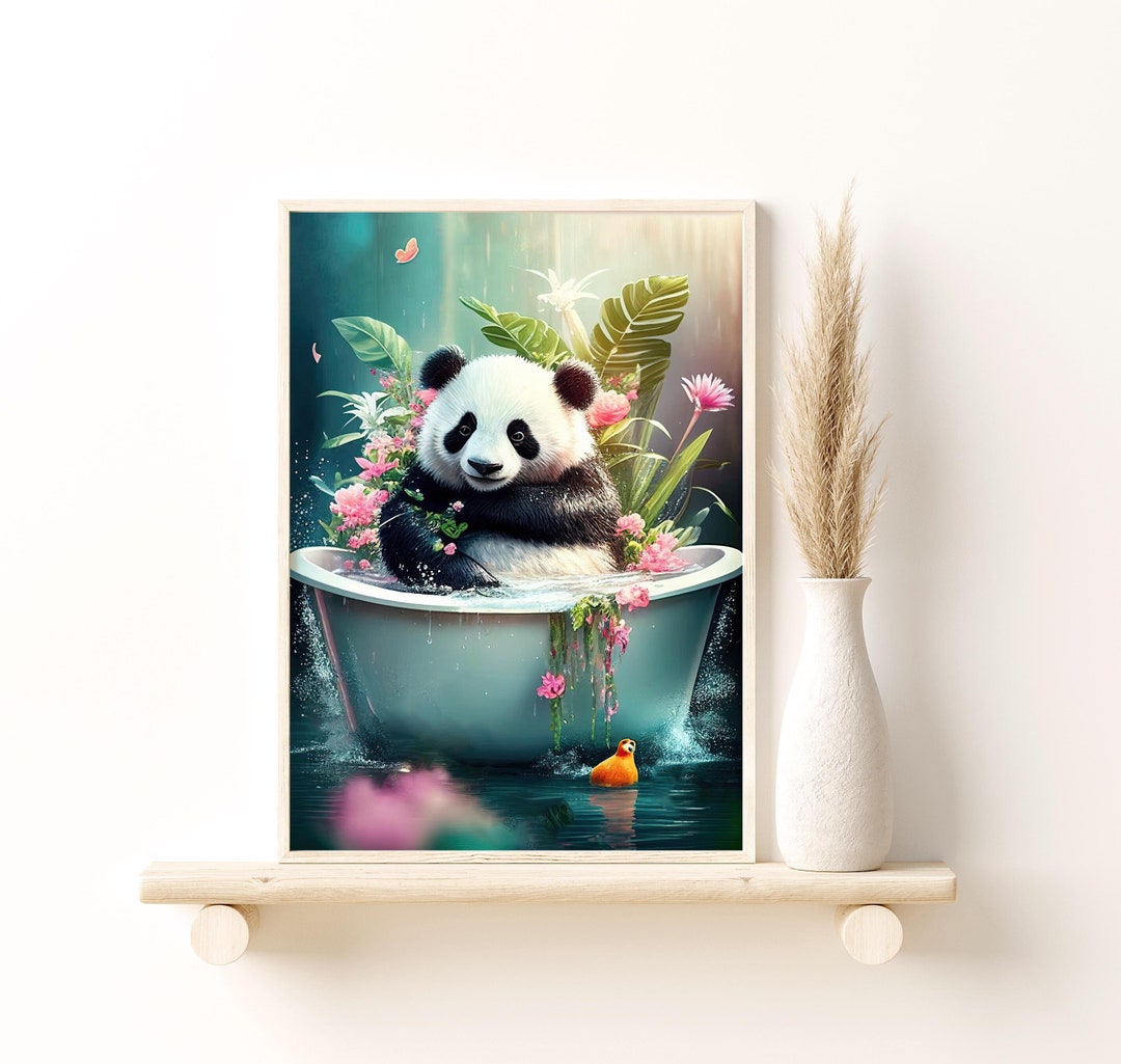 Panda in Bathtub Tropical Jungle Art, Monstera Leaves Tropical Flowers ...