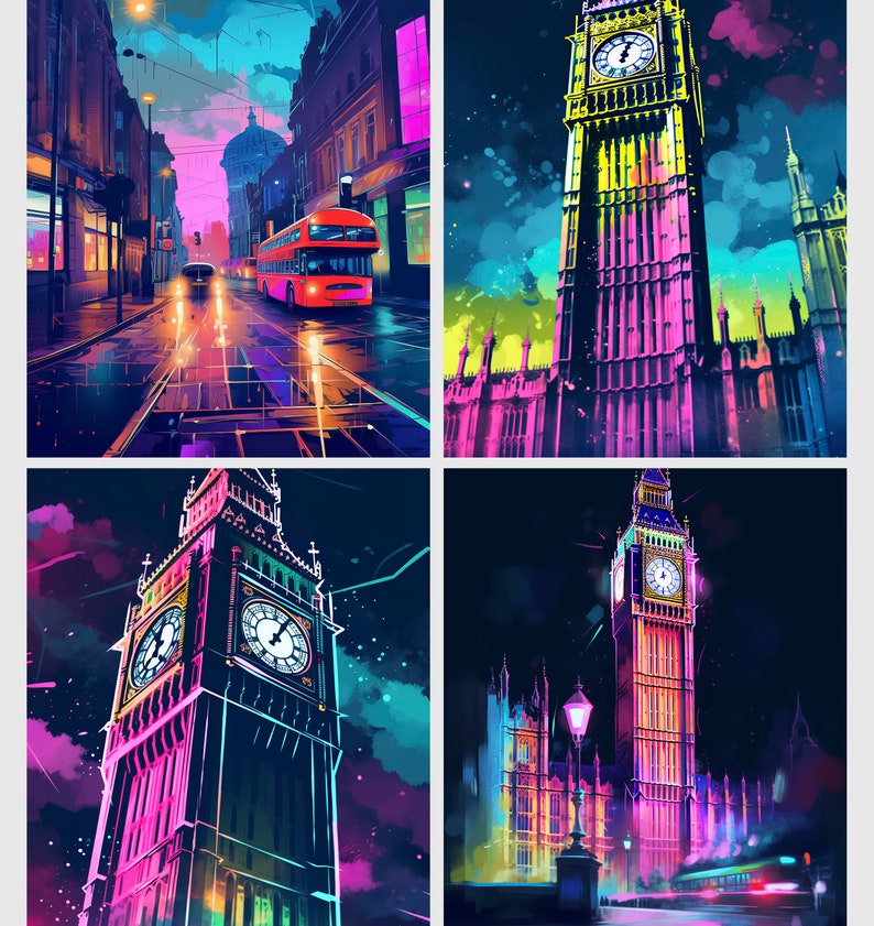 Stylish London Big Ben Travel Posters, AI Generated Funky Art, 80's ...