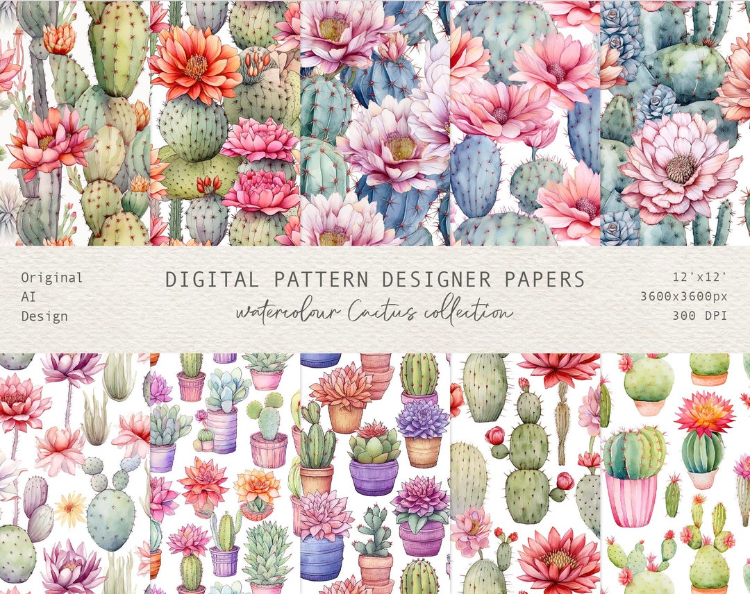 Watercolour Cactus Digital Paper, Watercolour Seamless Pattern Papers ...