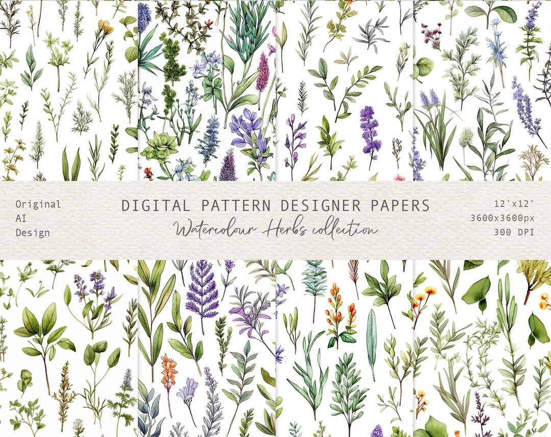 Watercolour Herbs Digital Paper, Watercolour Seamless Pattern Papers ...