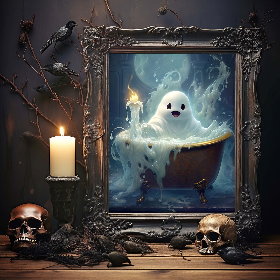 Printable Cute Halloween Ghost Casper in a Bathtub Fantasy Art Print, Darkarts Poster Gothic Art ...
