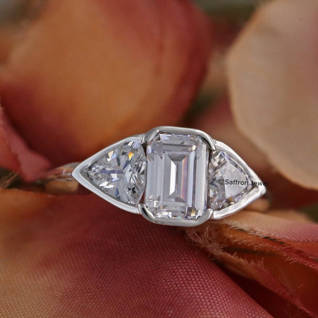 Trilogy Engagement Ring, Half Bezel Set Ring in 14K White Gold, Emerald ...