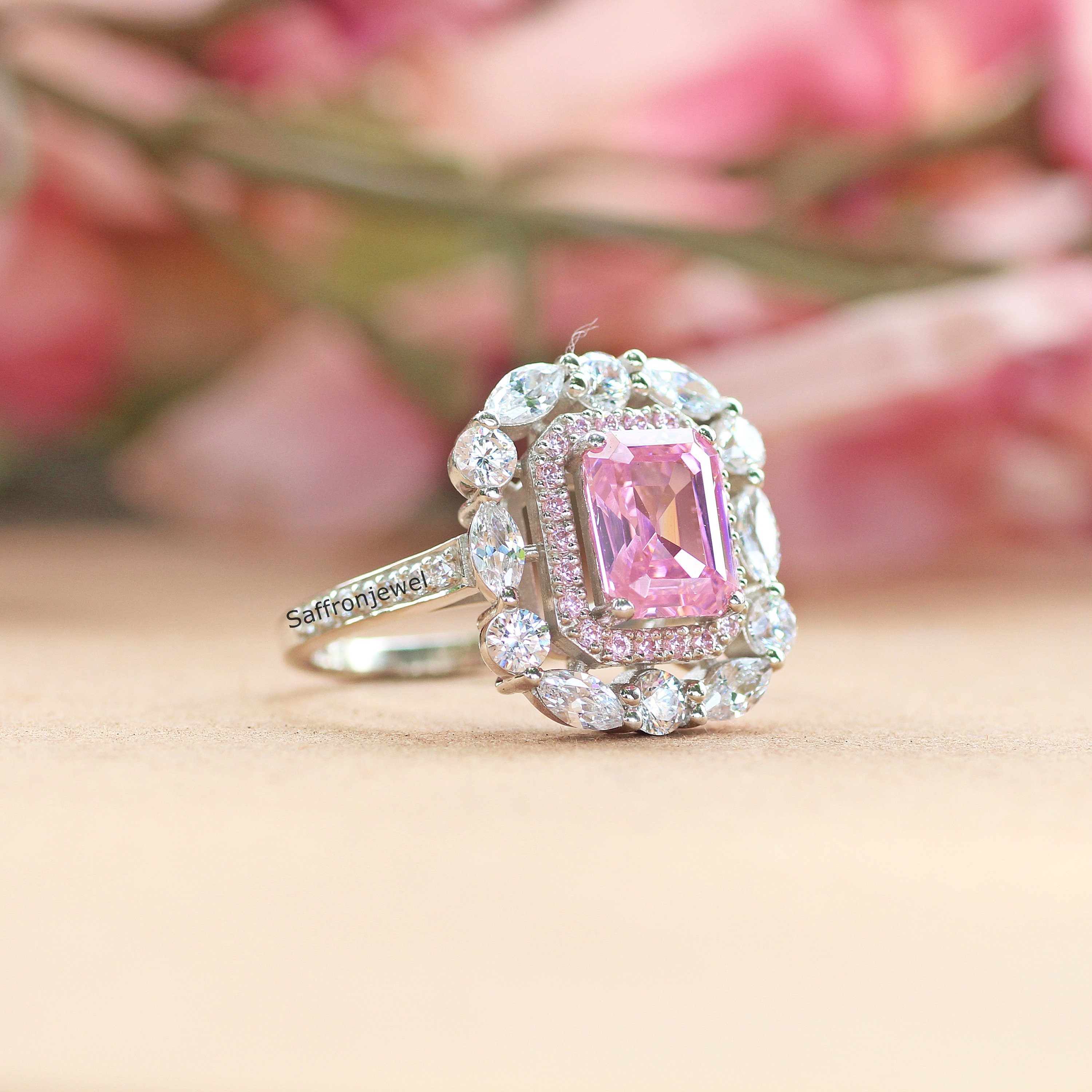 Pink Diamond Ring, 14K Solid White Gold Ring, Pink Radiant Cut Diamond ...
