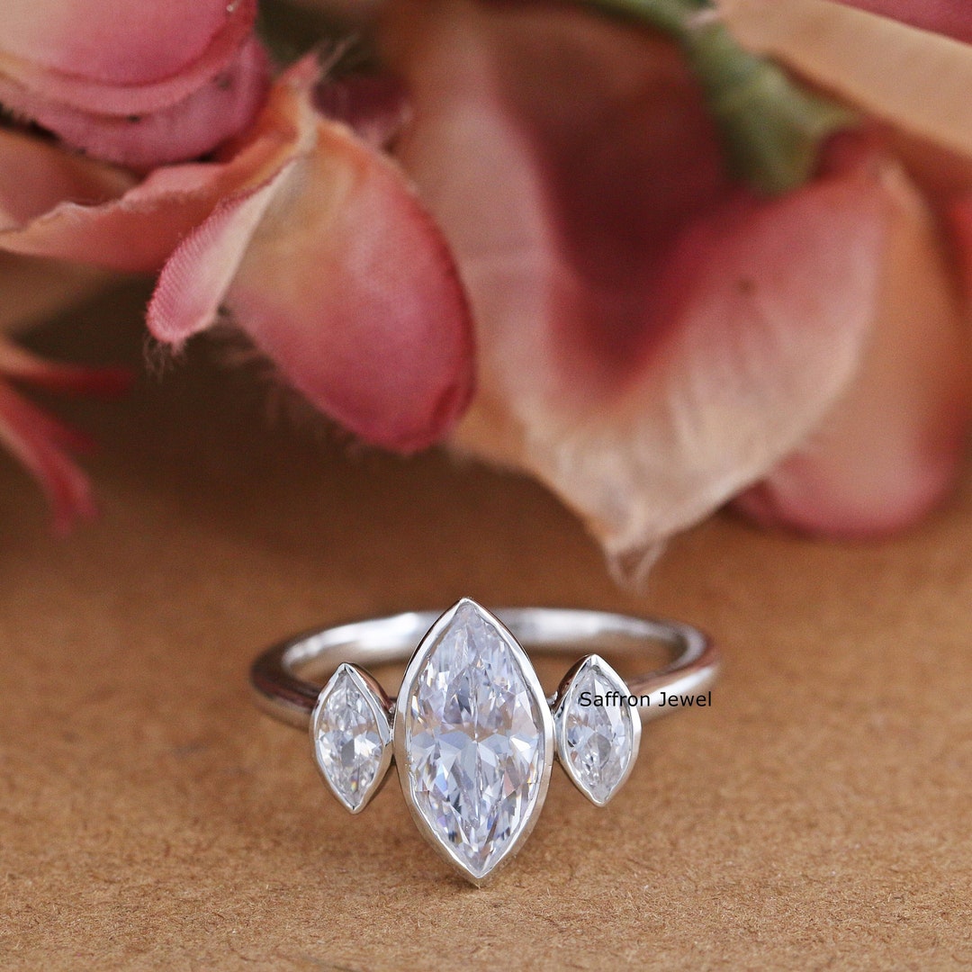 Three Stone Bezel Set Engagement Ring in 14K Solid White Gold, Marquise ...