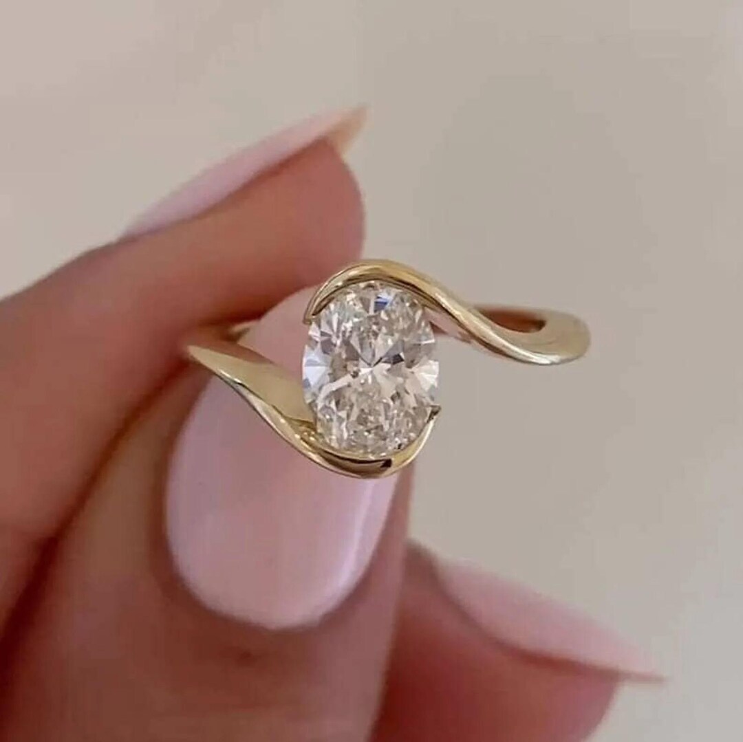 14K Solid Gold Bypass Wedding Ring, 2.00 CT Oval Cut Colorless ...