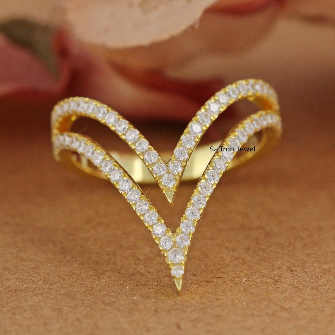 Double Row Deep V Shape Band, Half Eternity 14K Yellow Gold Wedding ...