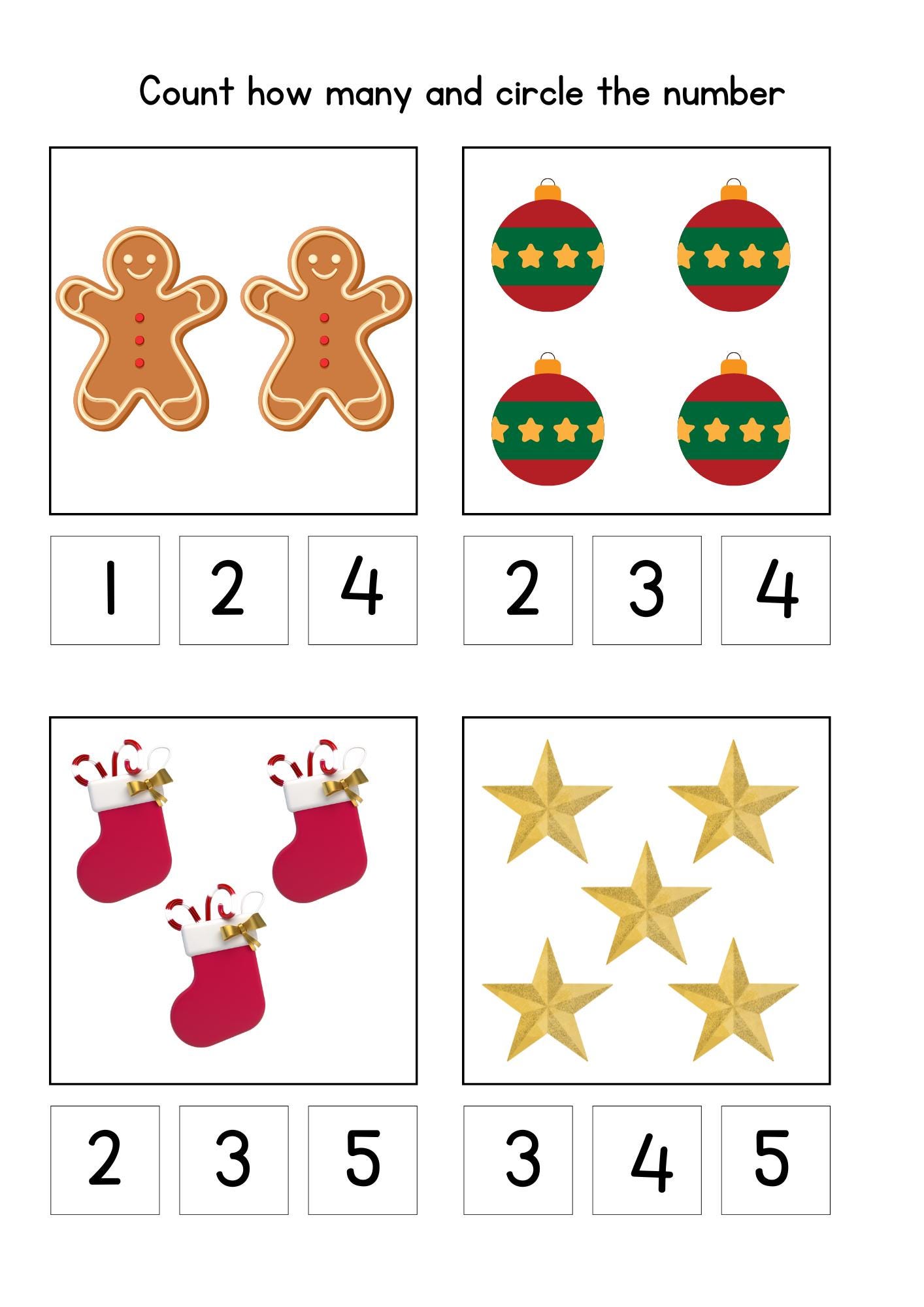 Christmas Counting Preschool Printable, Numbers 1-5 (digital Download ...