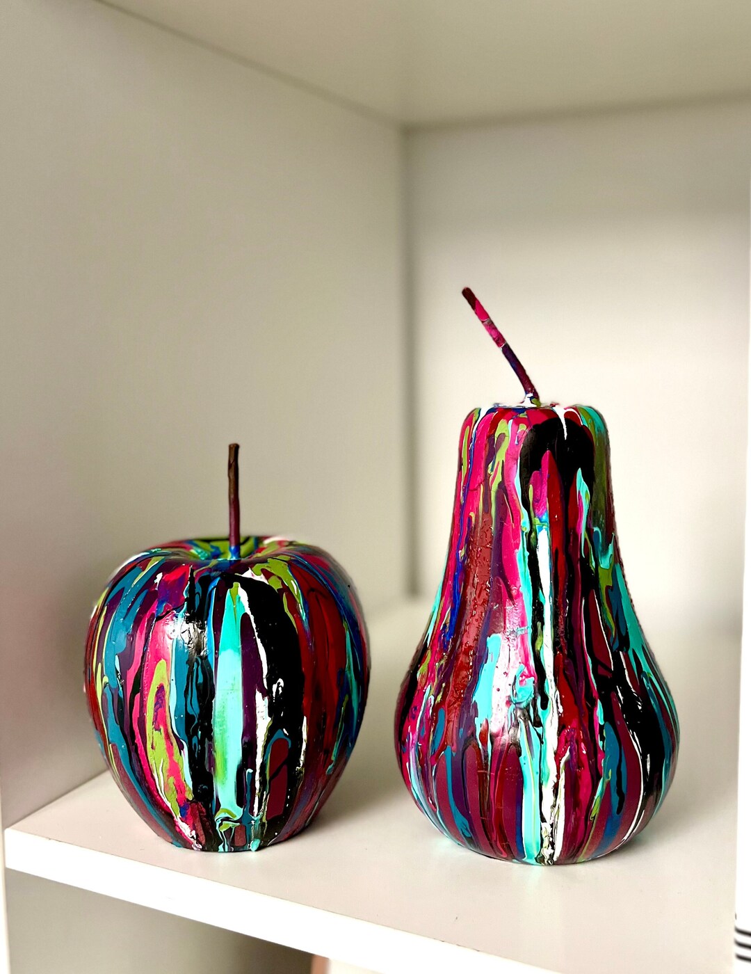 Apple & Pear Sculpture, Modern Centrepiece, Drip Paint, Street Art ...