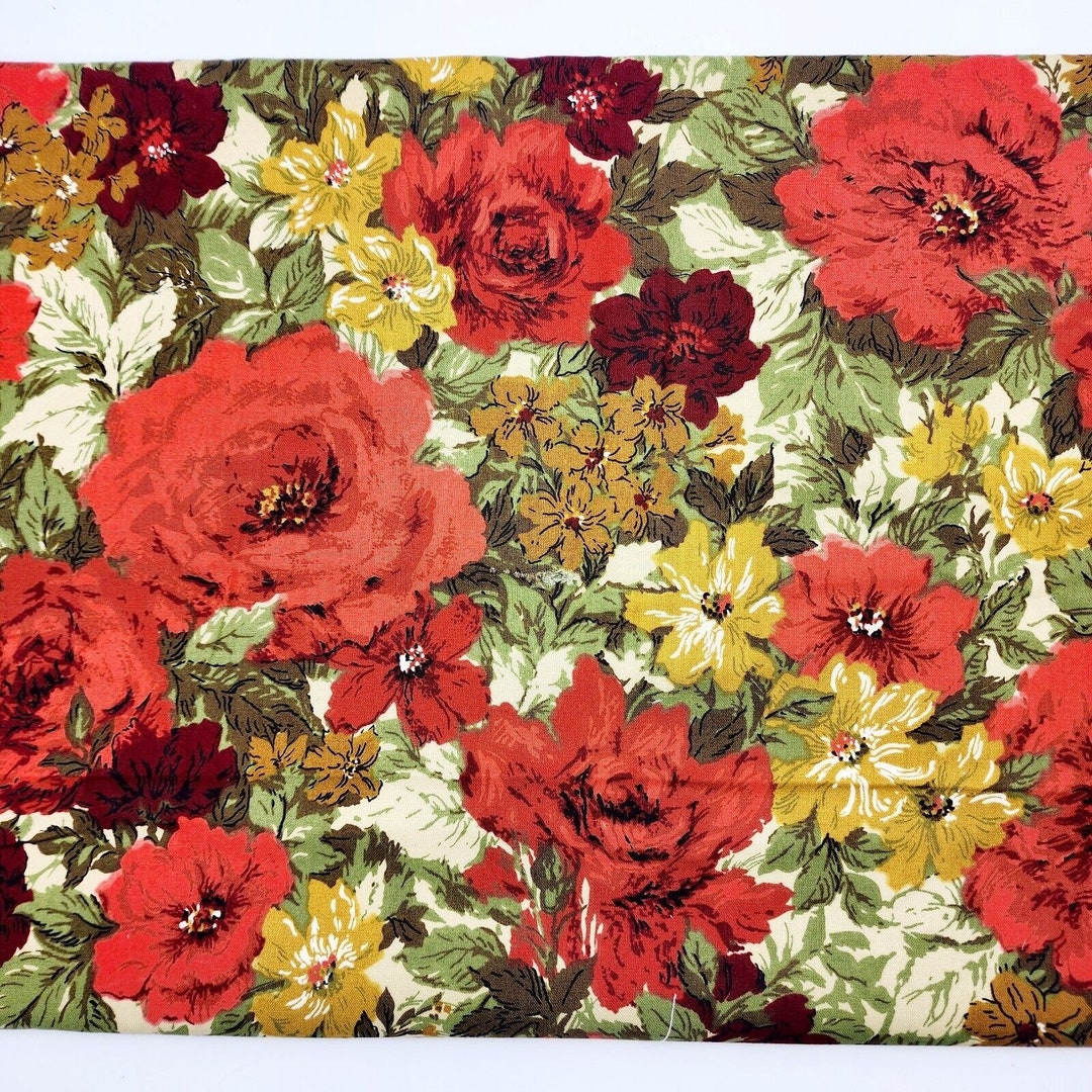 Vintage Bloomcraft Floral Fabric Screen Print Cotton Red Roses 52 2-5/8 ...