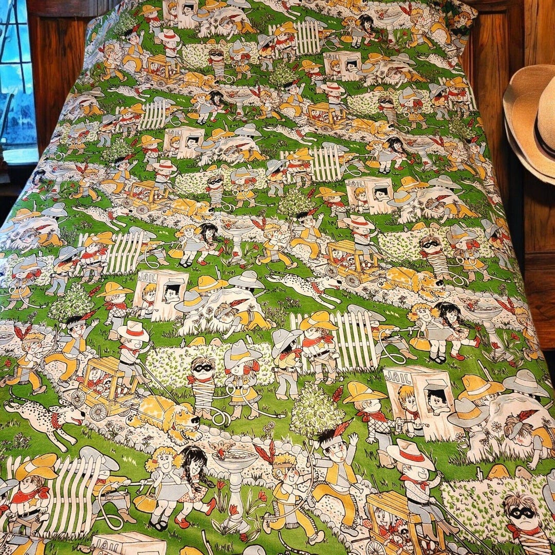 Vintage 60s Wild West Bedspread Cartoon Cowboy Cowgirl Western Motif ...