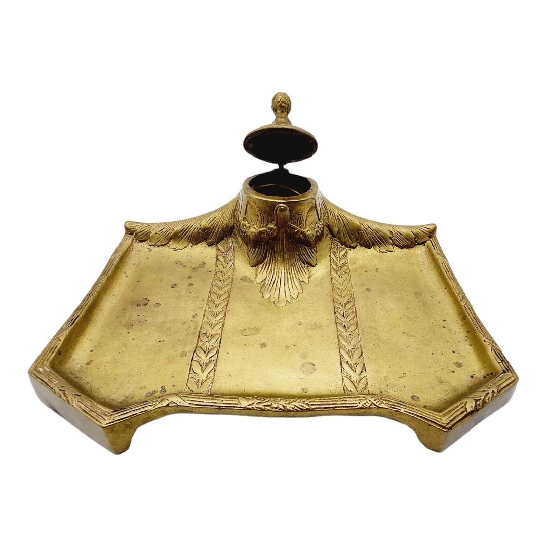 Vintage Solid Brass Inkwell With Lid and Tray Stand Office - Etsy