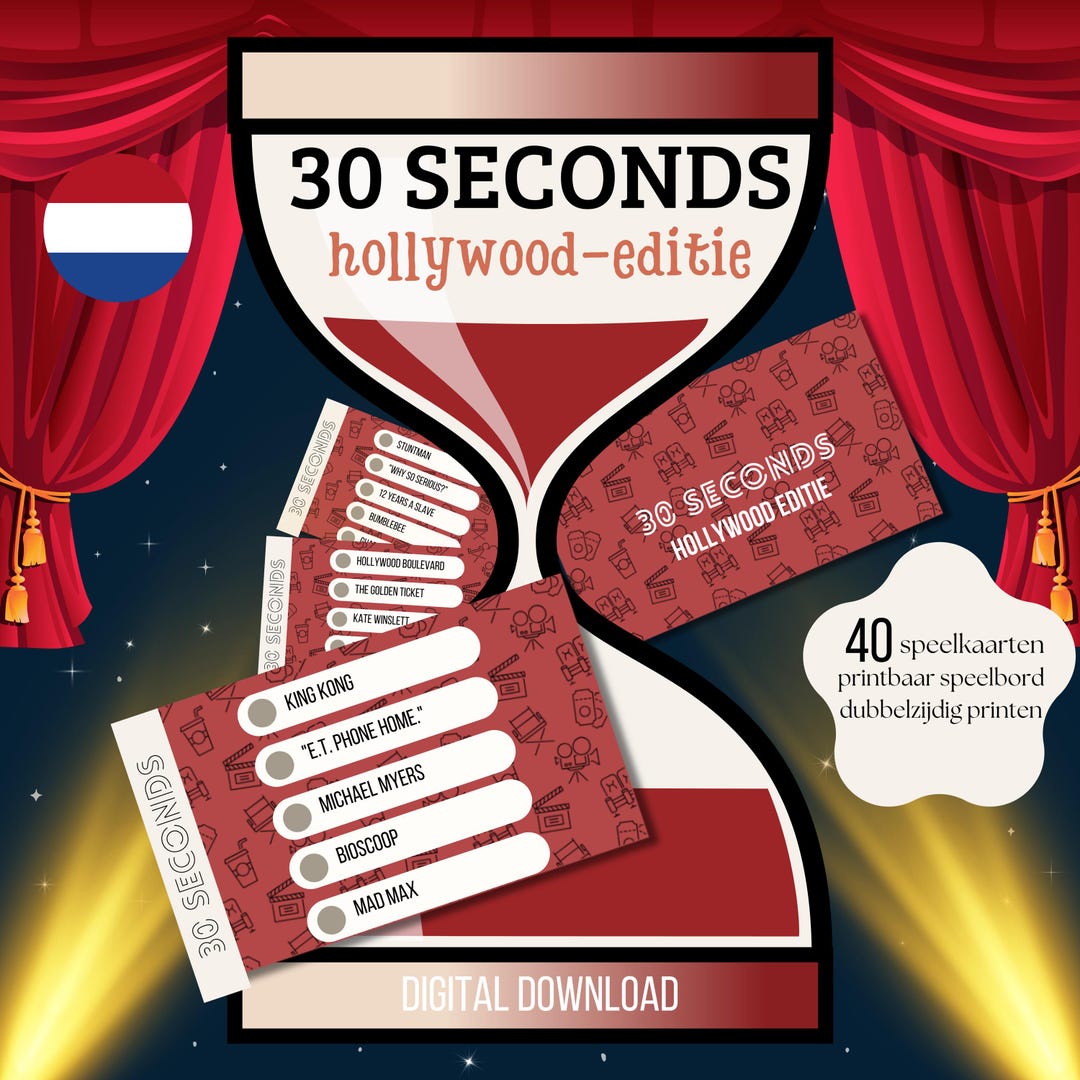 30 Seconds Hollywood Quiz 40 Playing Cards Printable Dutch Board Game ...