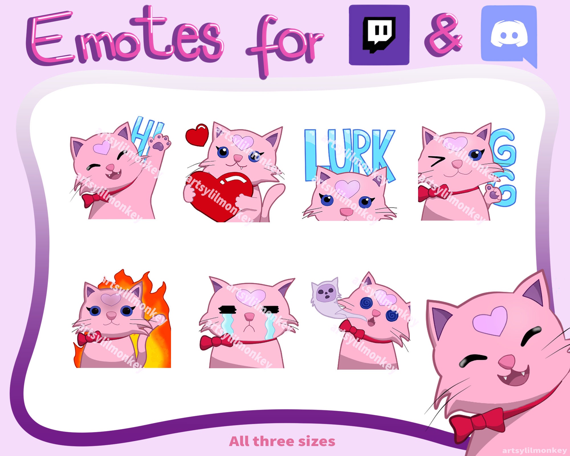 Pink Cat Emotes for Twitch and Discord Hi Heart Lurk GG | Etsy