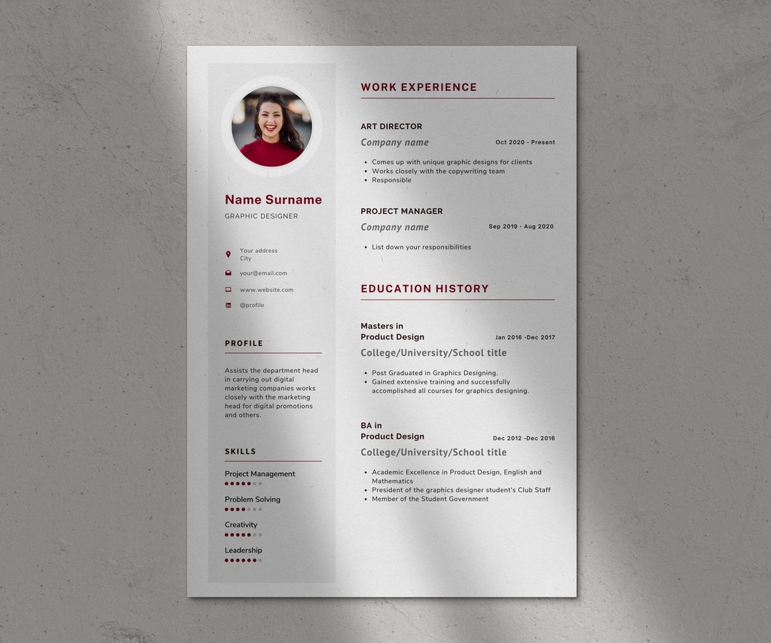 Minimalistic Red 1 Page Resume Template for Word | Professional Resume ...