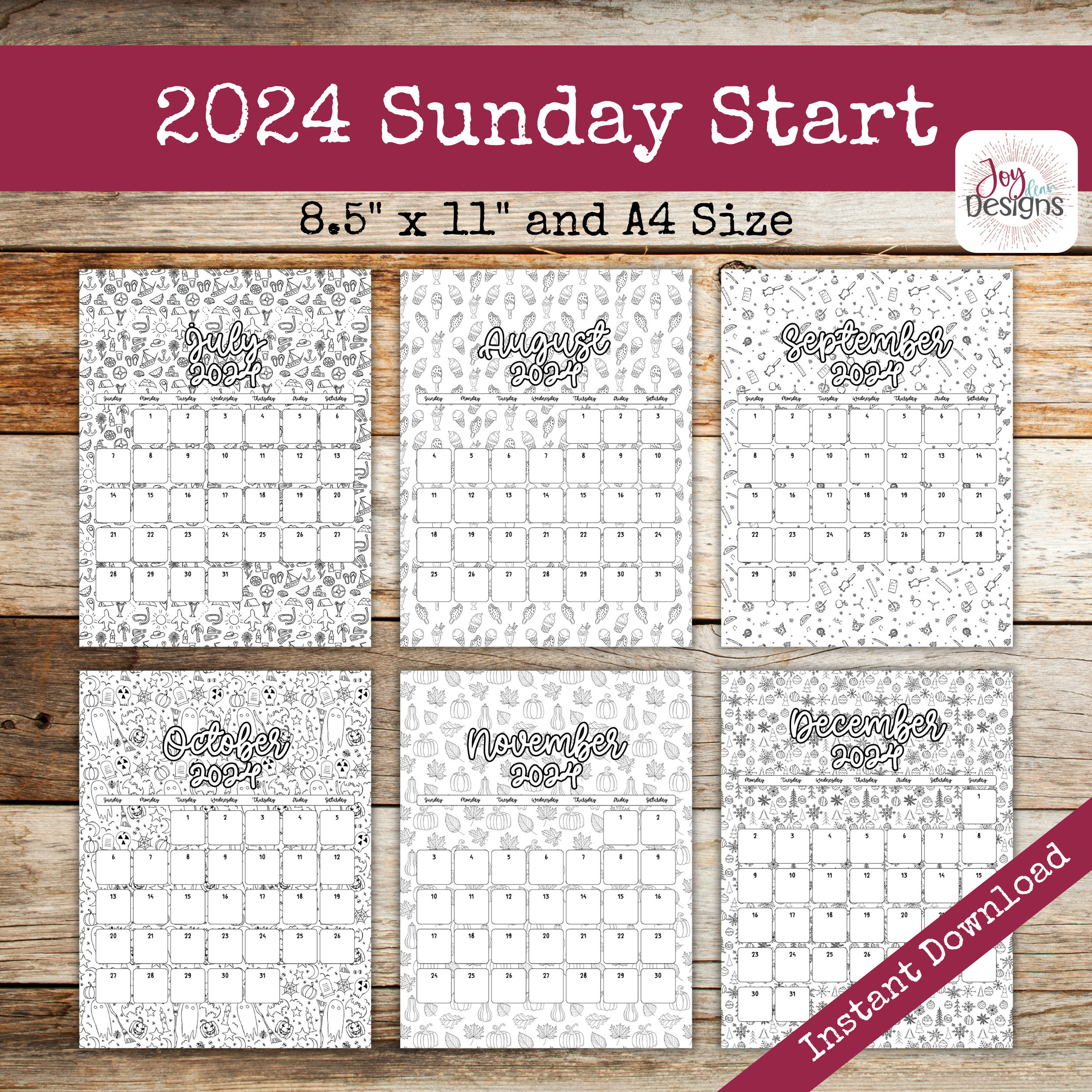 2024 Monthly Calendars Vertical Doodle Coloring Instant Download ...