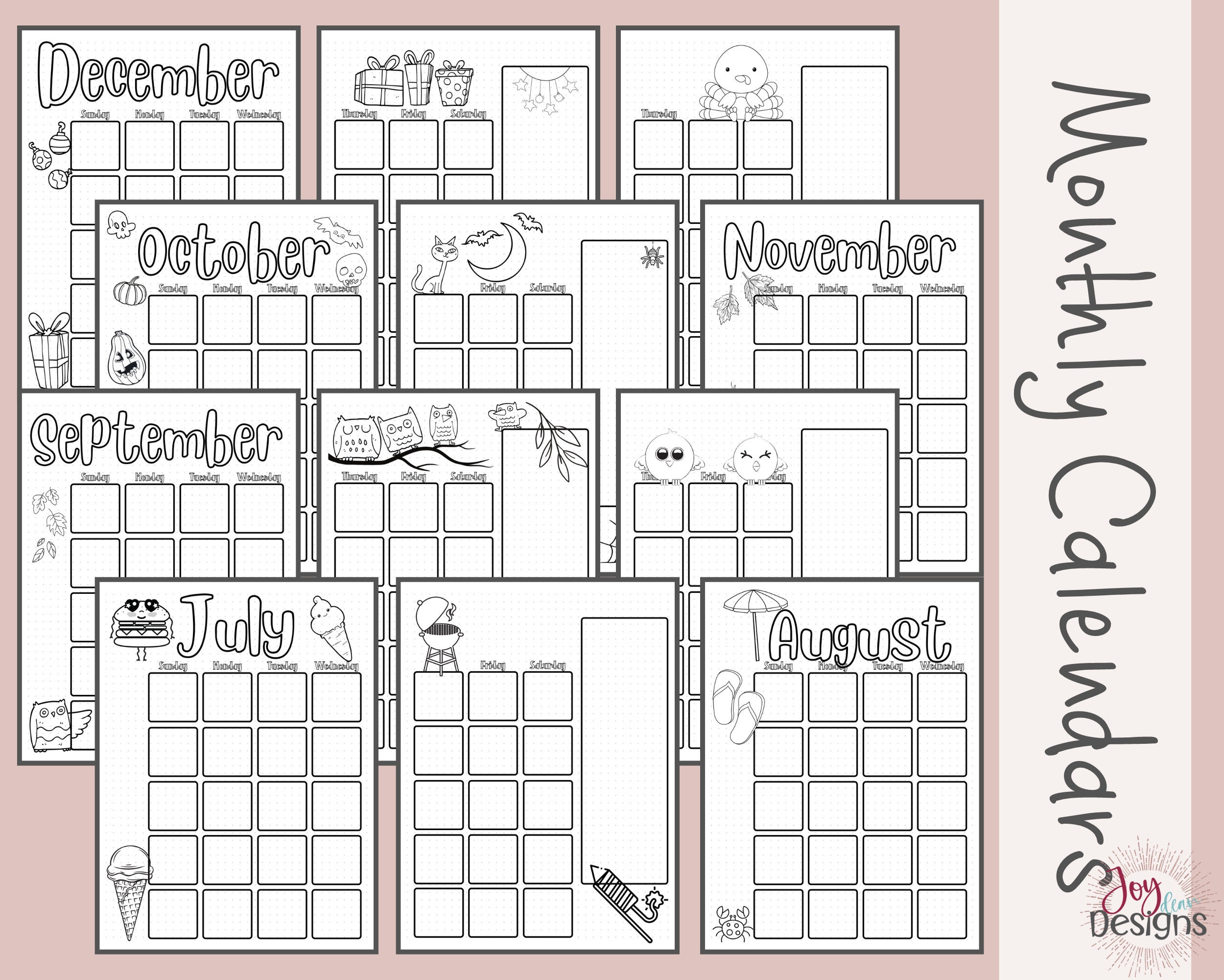 Pre-made 12 Monthly Calendars Bullet Dotted Journal Pages - Etsy