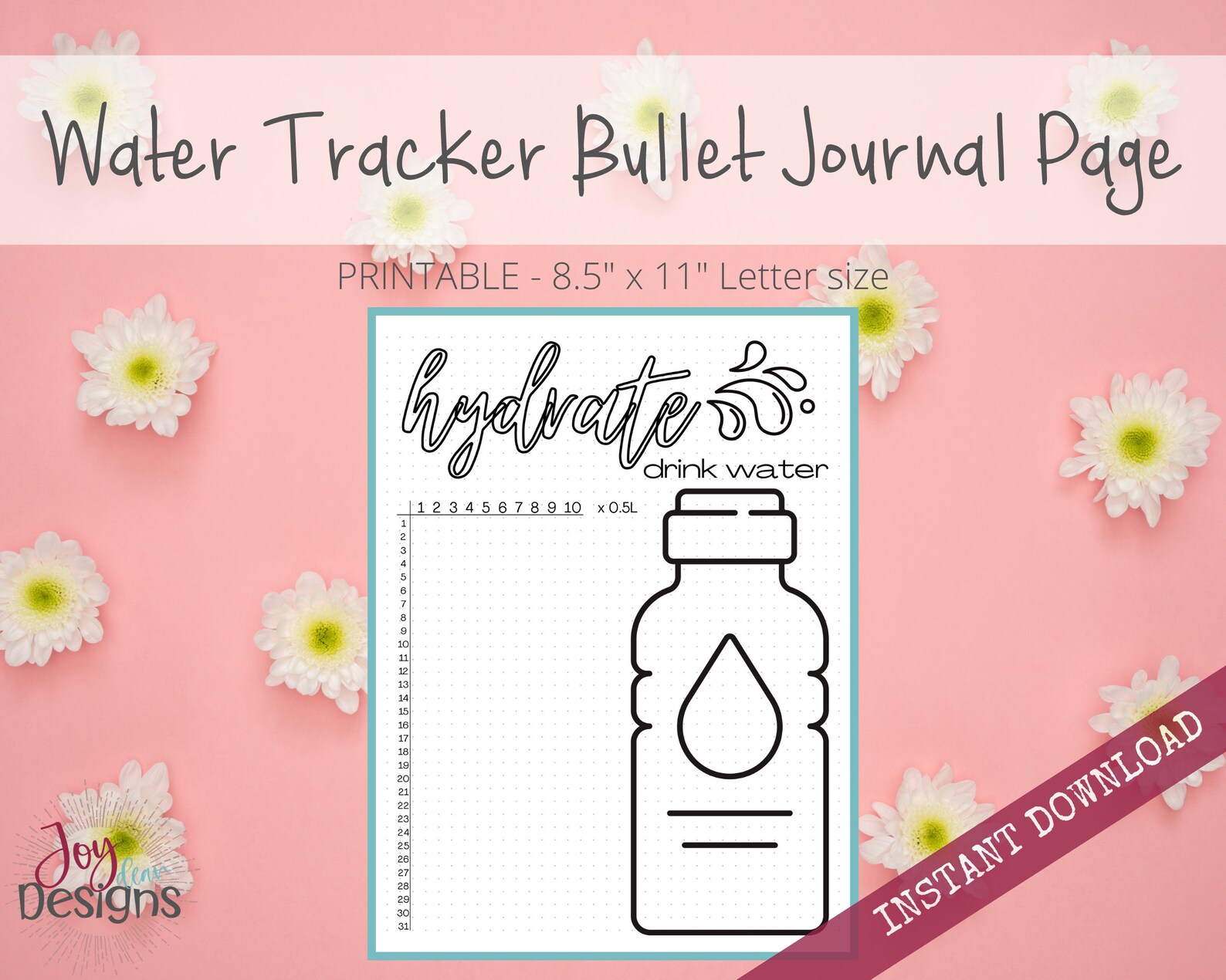 Daily Water Tracker Bullet Dotted Journal Page Instant Download ...