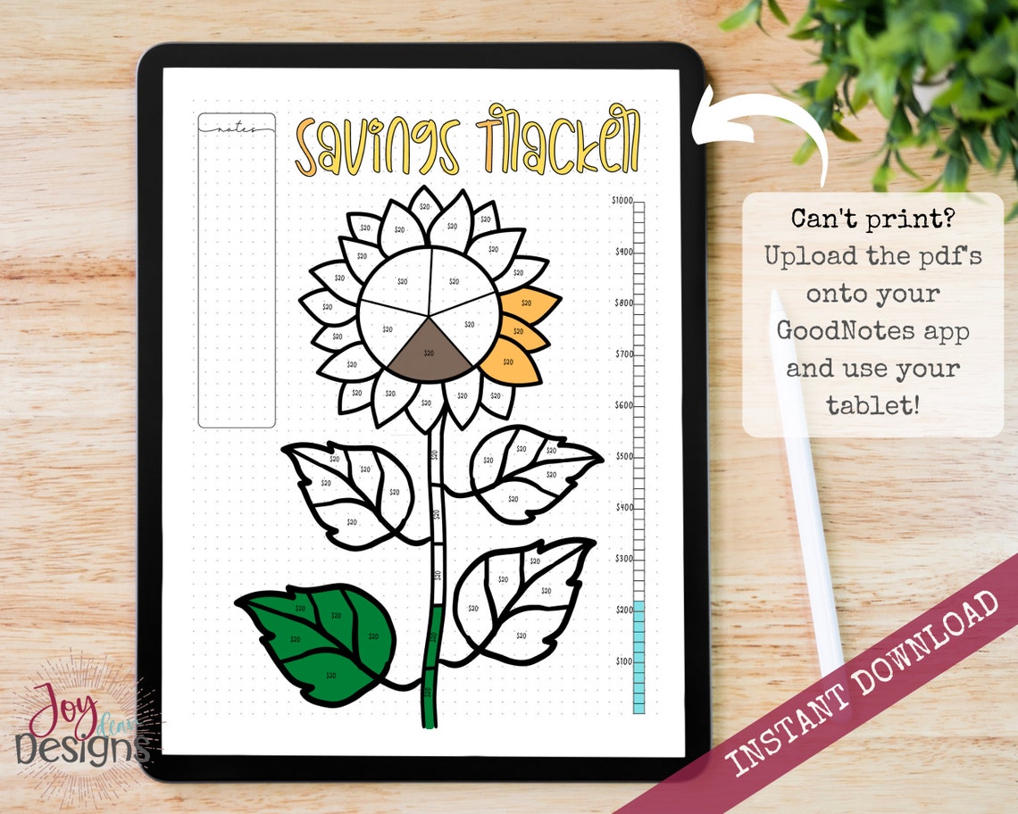 Sunflower Savings Tracker Bullet Dotted Journal Page Instant Download ...