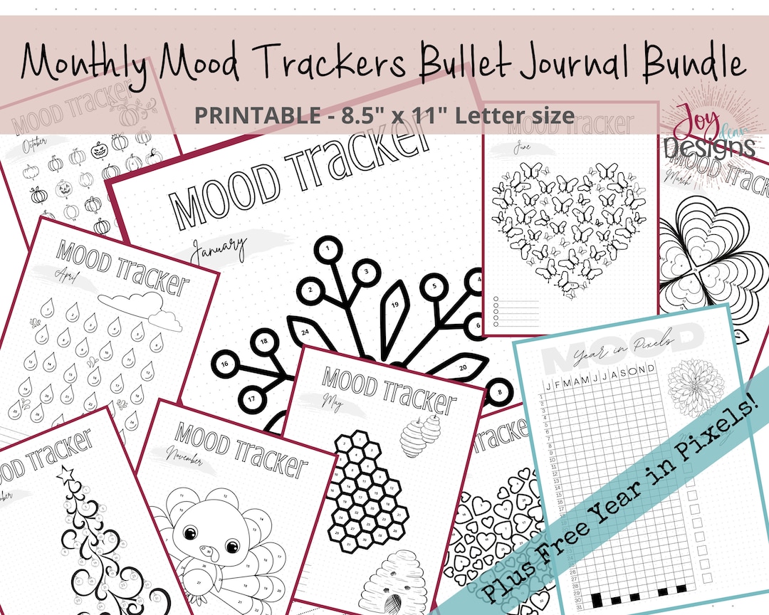 12 Monthly Mood Trackers Bullet Dotted Journal Pages Instant Download ...