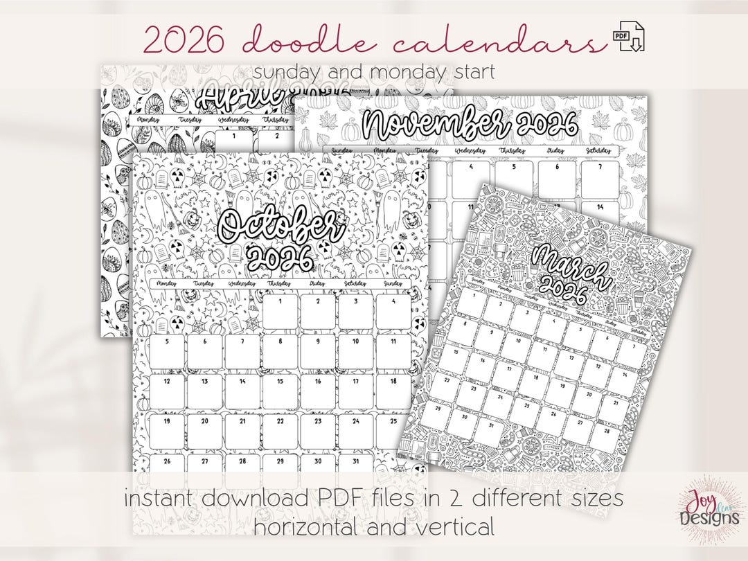 2026 Monthly Calendars Doodle Coloring Instant Download Printable ...