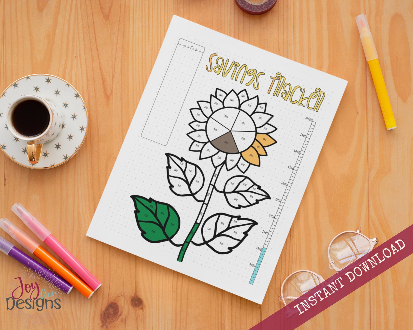 Sunflower Savings Tracker Bullet Dotted Journal Page Instant - Etsy