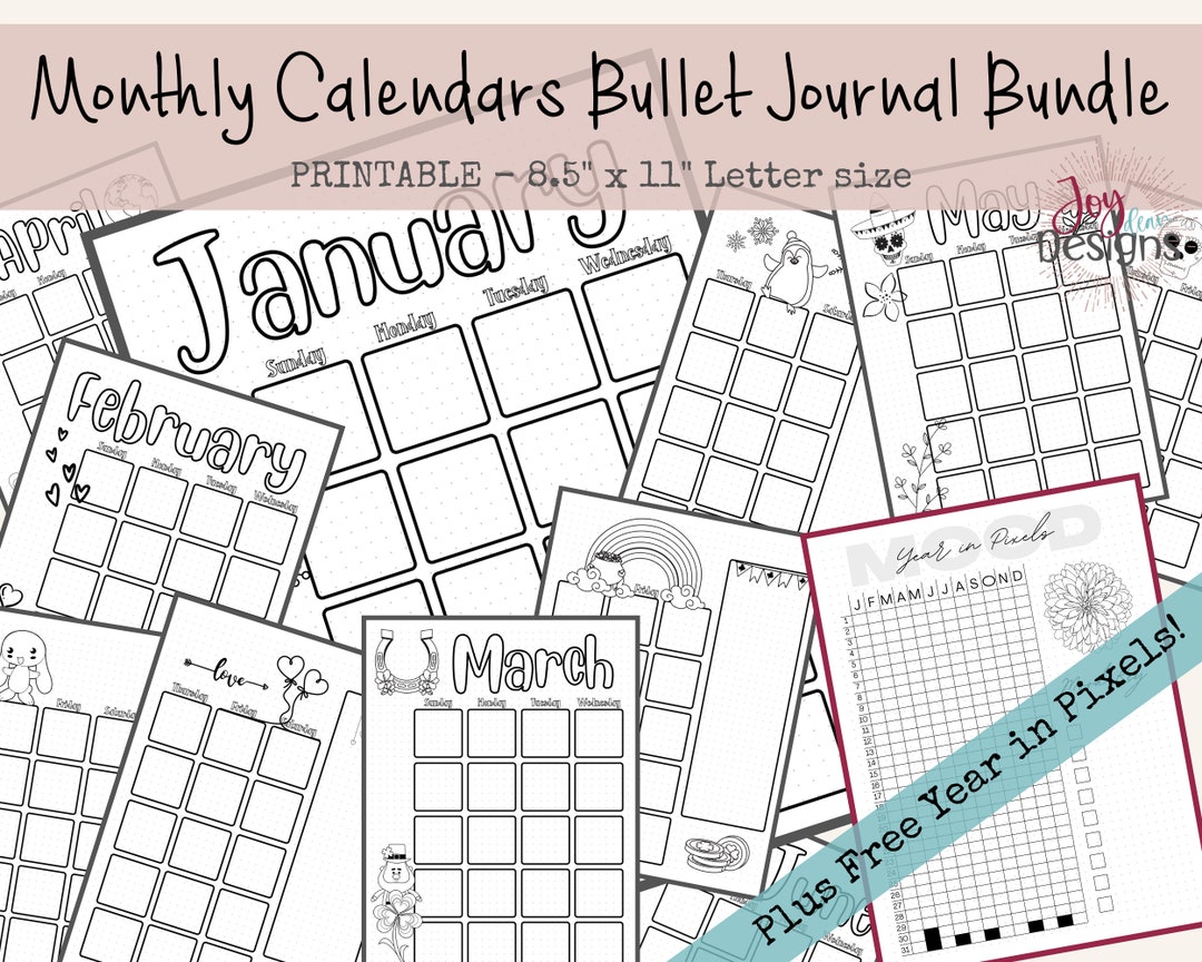 Pre-made 12 Monthly Calendars Bullet Dotted Journal Pages Instant ...