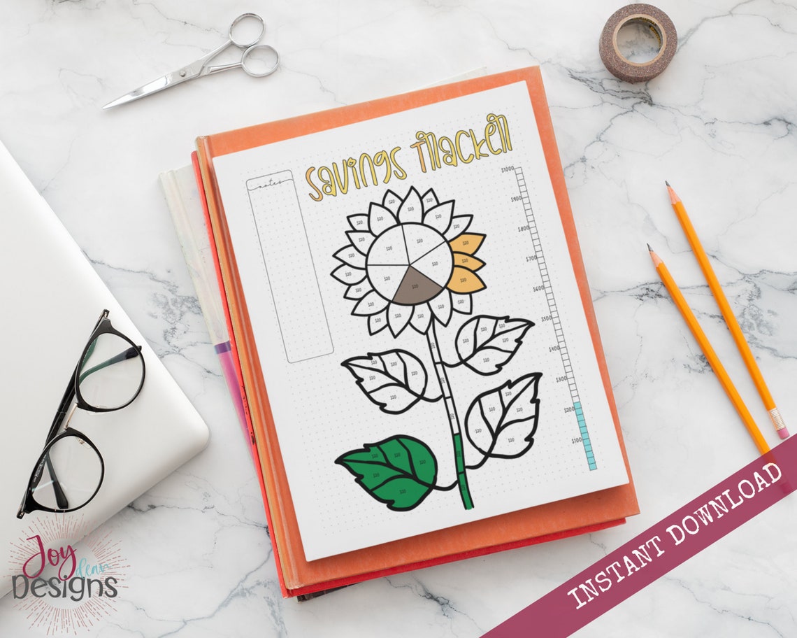 Sunflower Savings Tracker Bullet Dotted Journal Page Instant - Etsy