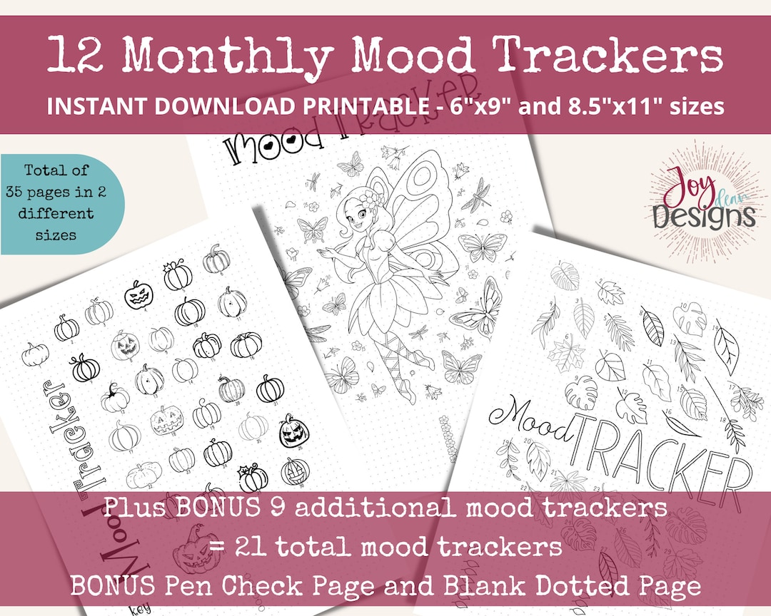 21 Monthly Premade Mood Trackers Bullet Dotted Journal Pages Instant ...