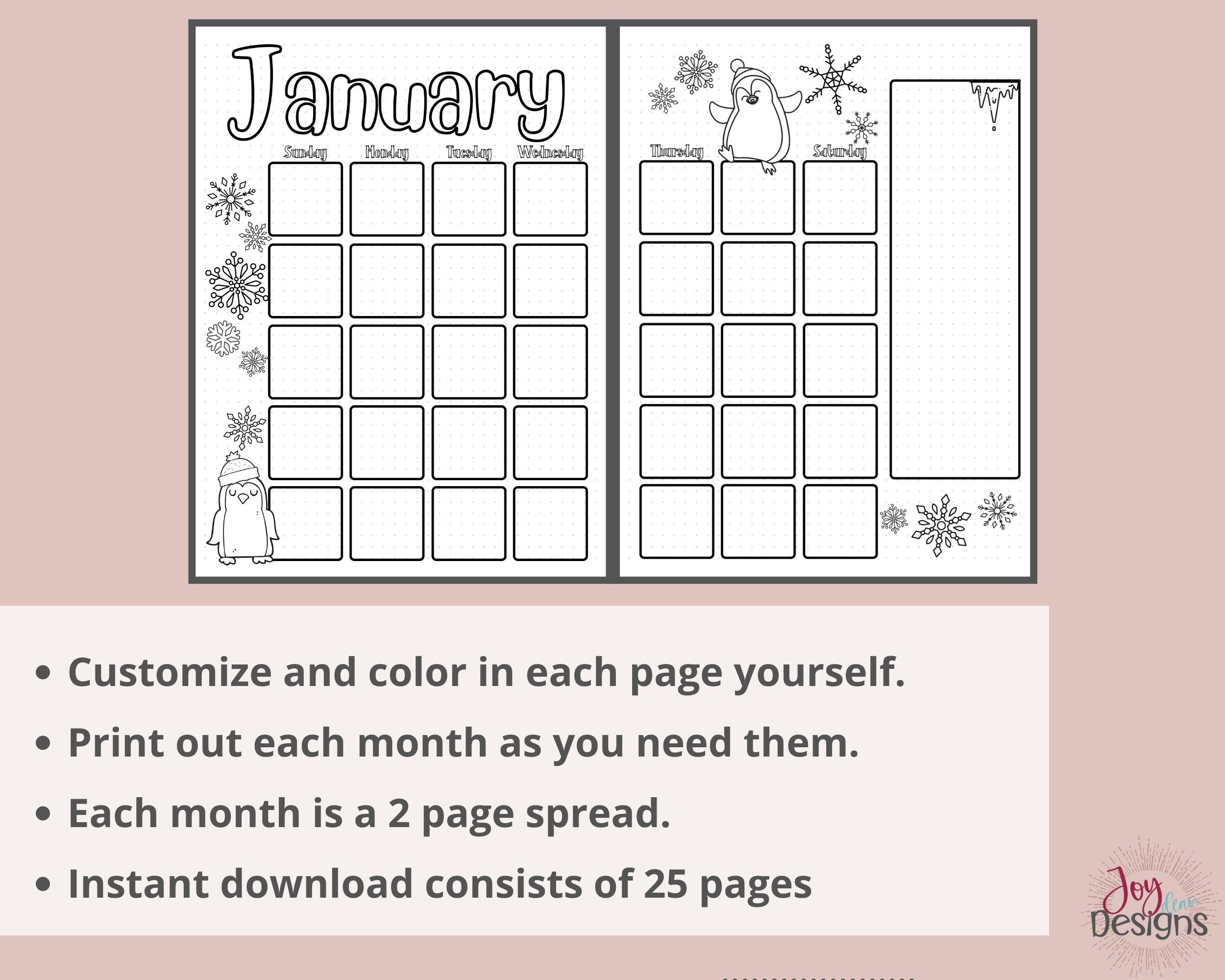 Pre-made 12 Monthly Calendars Bullet Dotted Journal Pages - Etsy