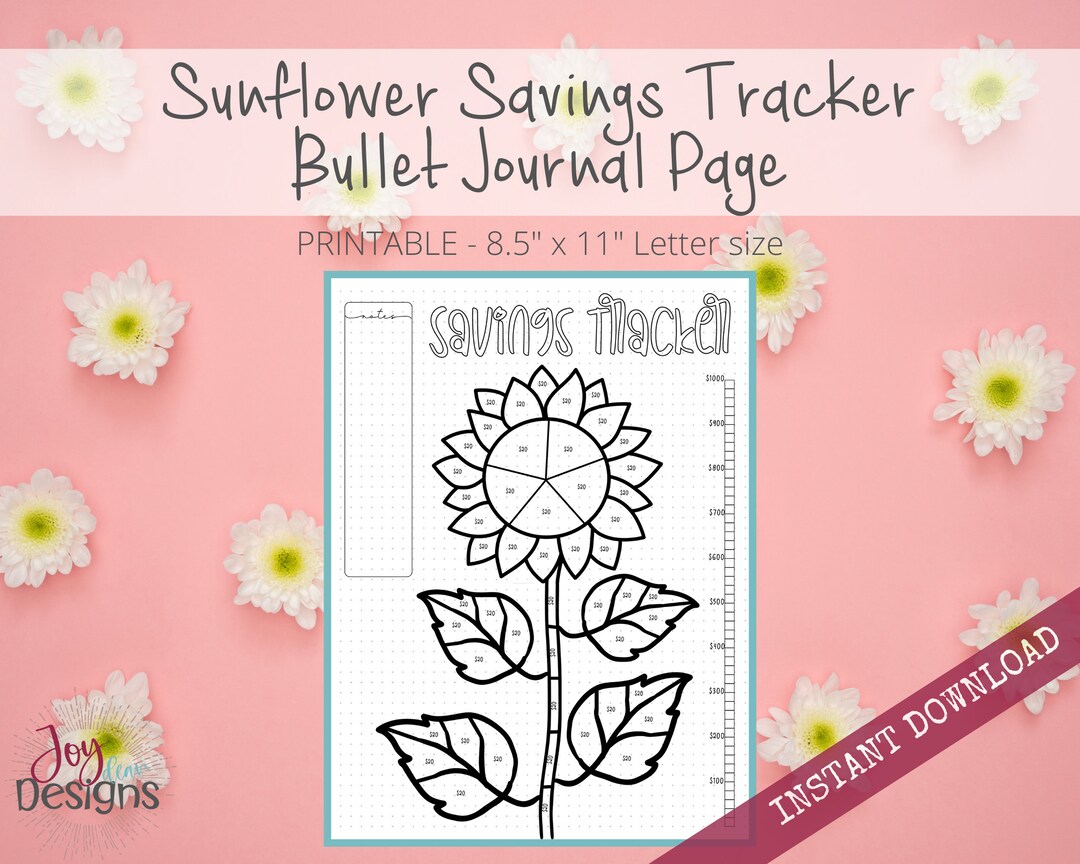 Sunflower Savings Tracker Bullet Dotted Journal Page Instant Download ...