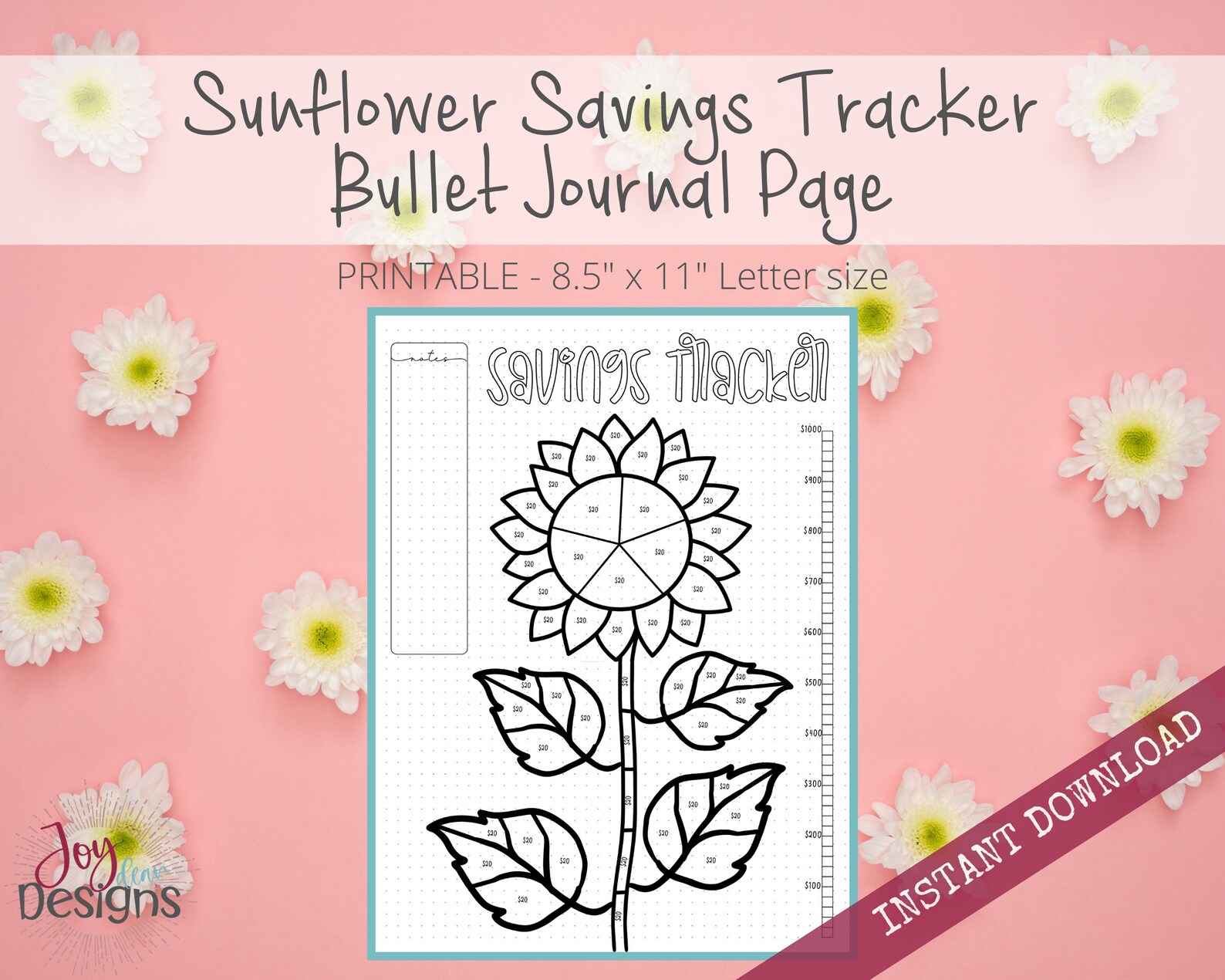 Sunflower Savings Tracker Bullet Dotted Journal Page Instant Download ...