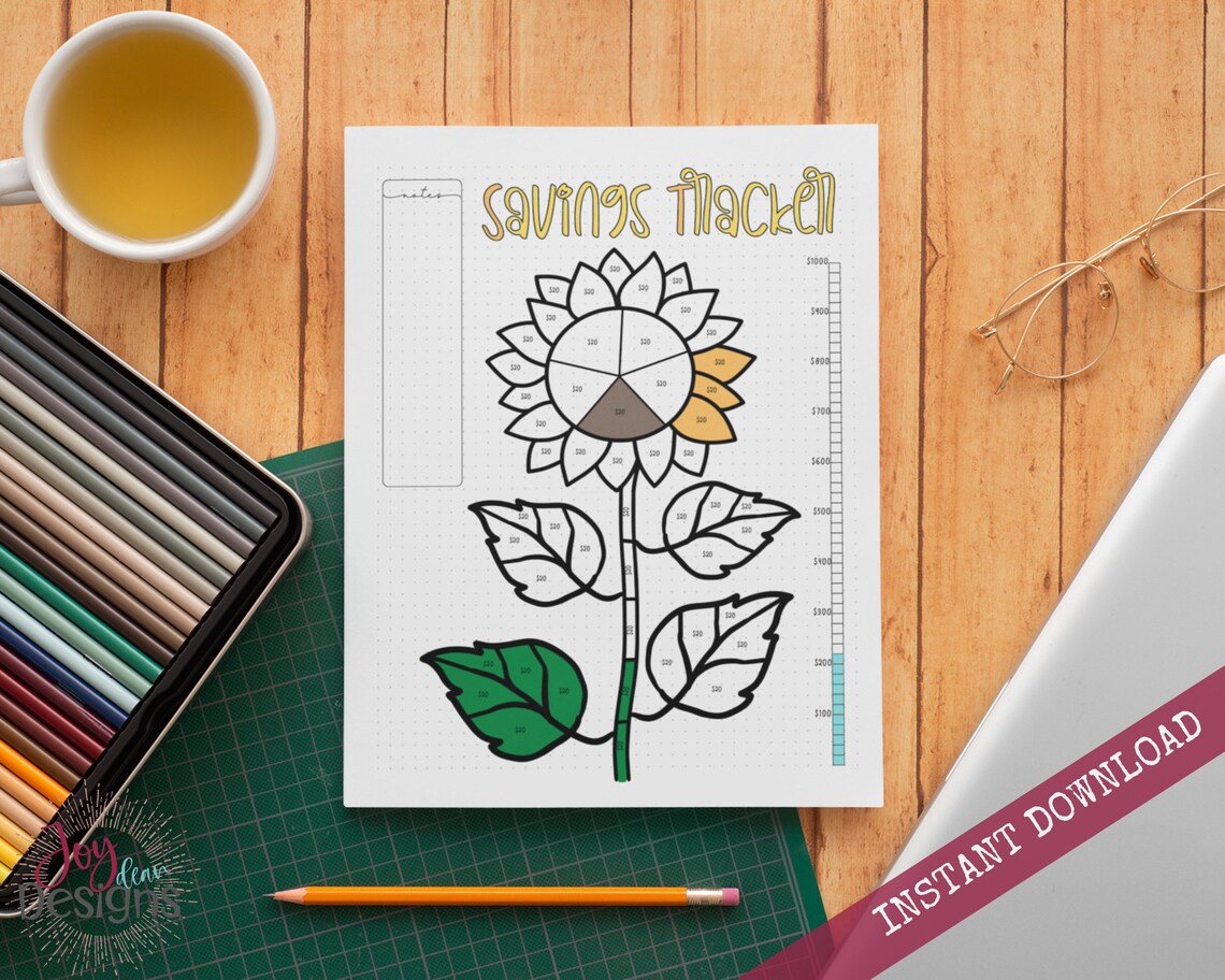 Sunflower Savings Tracker Bullet Dotted Journal Page Instant - Etsy