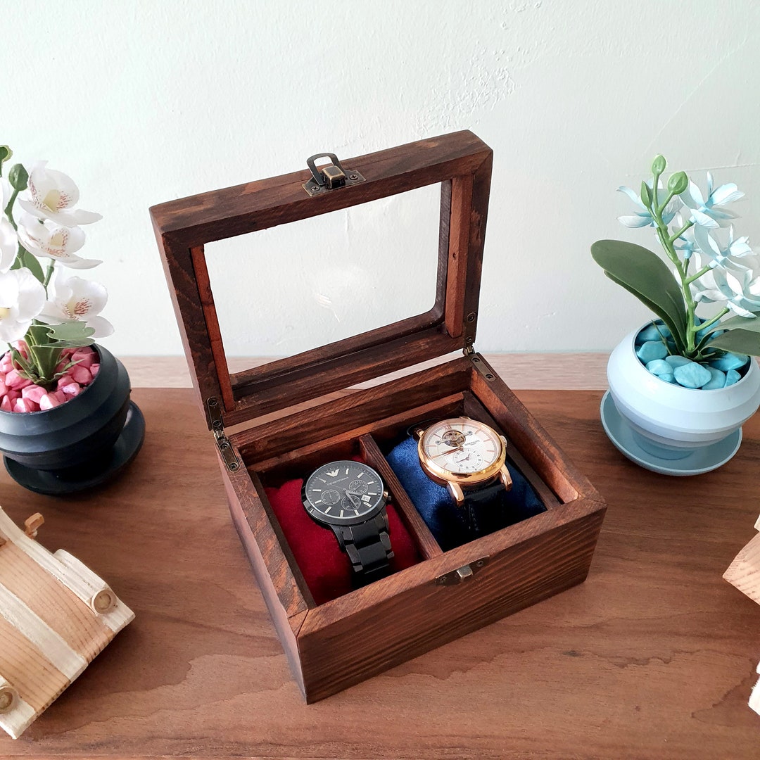 Wooden Watch Box for 2 Wathes, Watch Storage Box, Wooden Watch Case ...